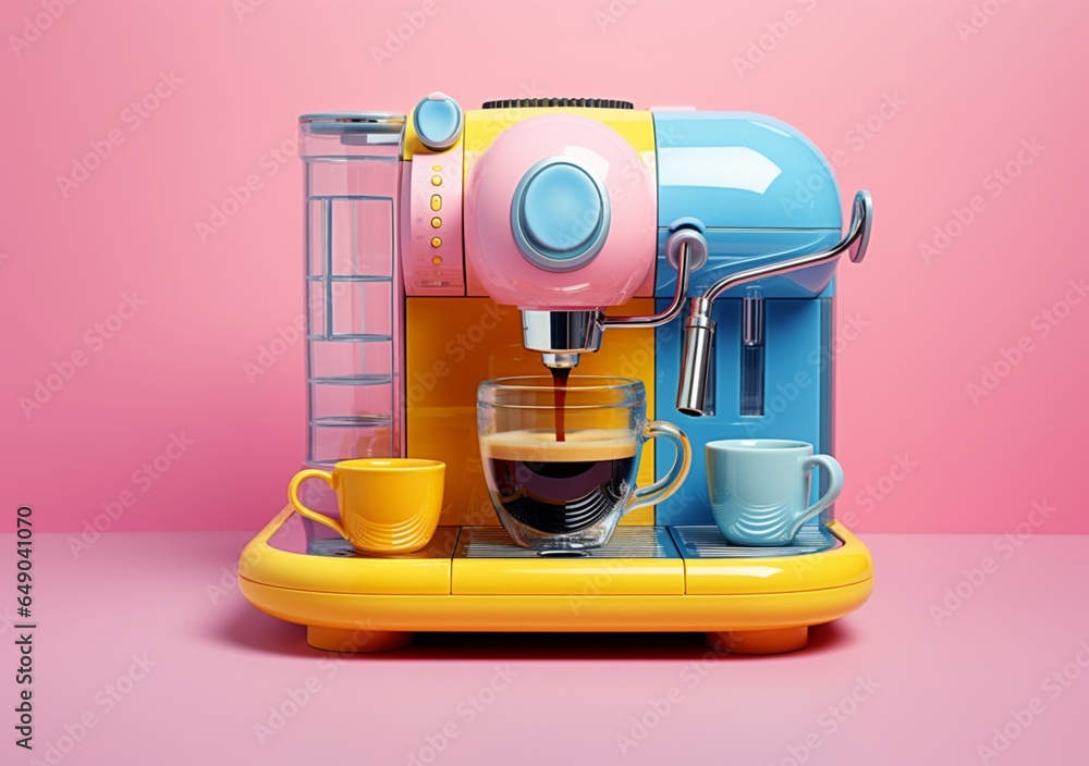 coffee machine and cups in pastel colors for a modern kitchen and happy ...