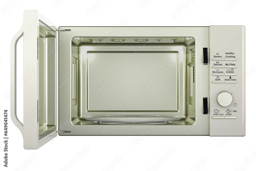 Microwave oven with opened door, front view. 3D rendering isolated on ...