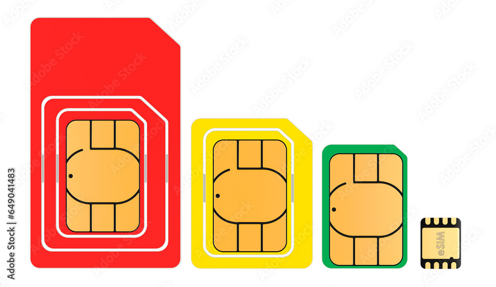 Set of SIM cards. eSIM, nano, micro and mini sim cards, 3D rendering ...