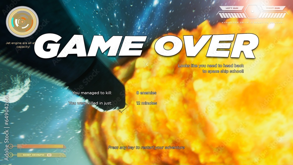 Gamer receiving game over screen, getting his spaceship destroyed in ...
