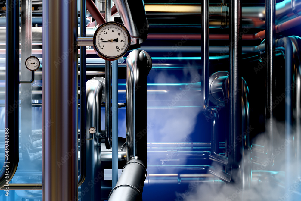 Boiler equipment. Pipes with torque meter. Tangled pipeline. Galvanized ...