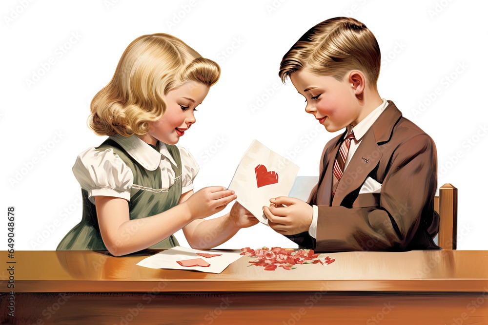 children exchanging valentines day cards vintage illustration isolated ...