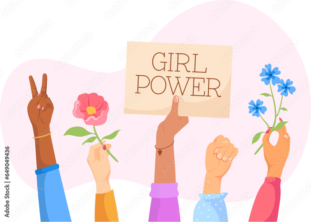 Women hands feminism banner. Diverse beautiful woman hands hold sign ...