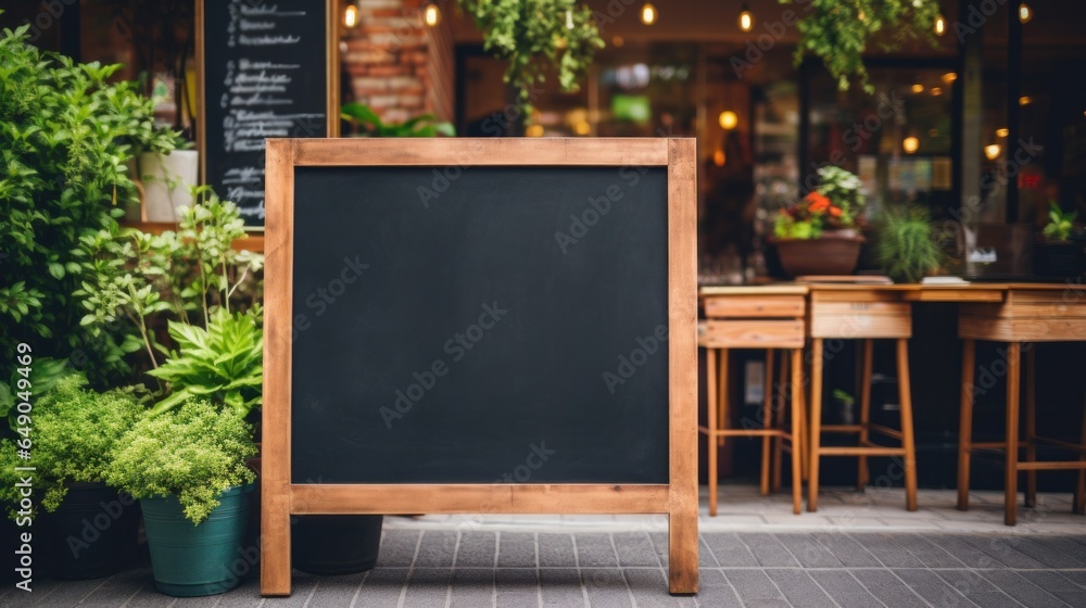Wooden rustic blackboard in front of restaurant entrance. Mock up menu ...