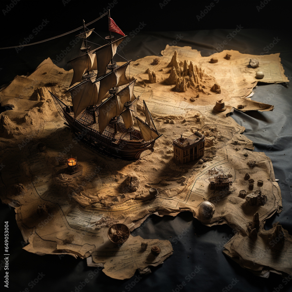 Enigmatic magic treasure map with many intricate carved elements ...