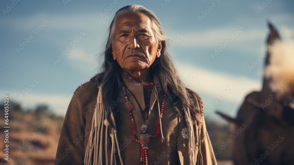 A Native American tribal leader, his face resolute and serenely ...