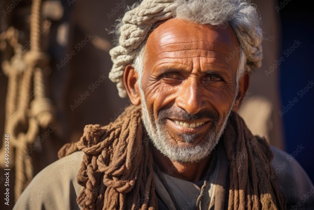 A middleaged man from Yemen, holding the rope of a well, his smile ...