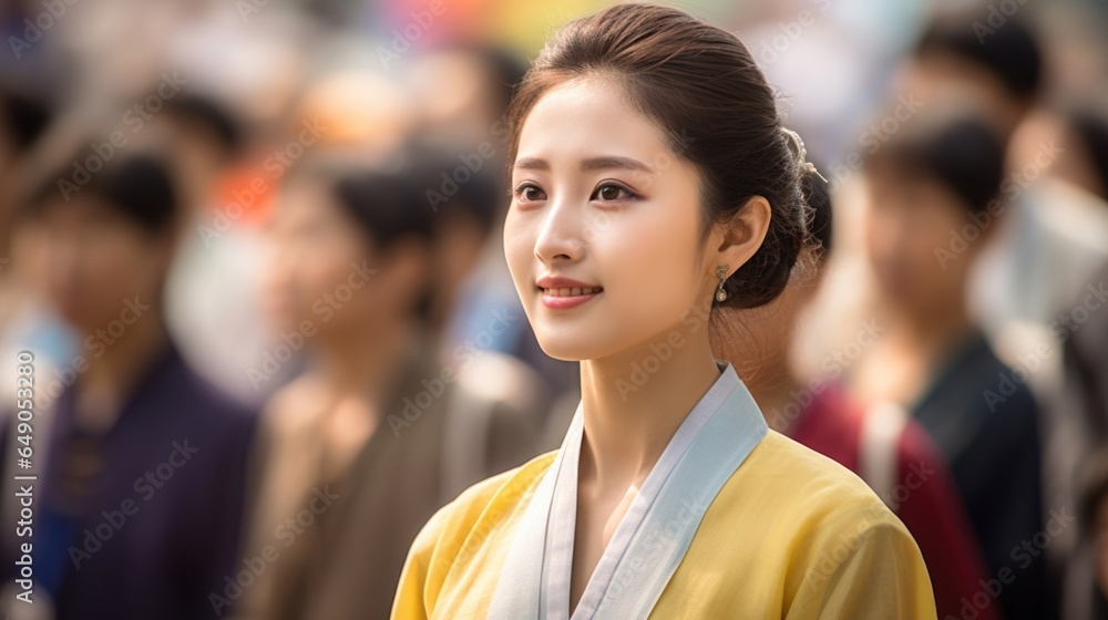 A young Korean woman, her hair neatly pulled back, her traditional ...