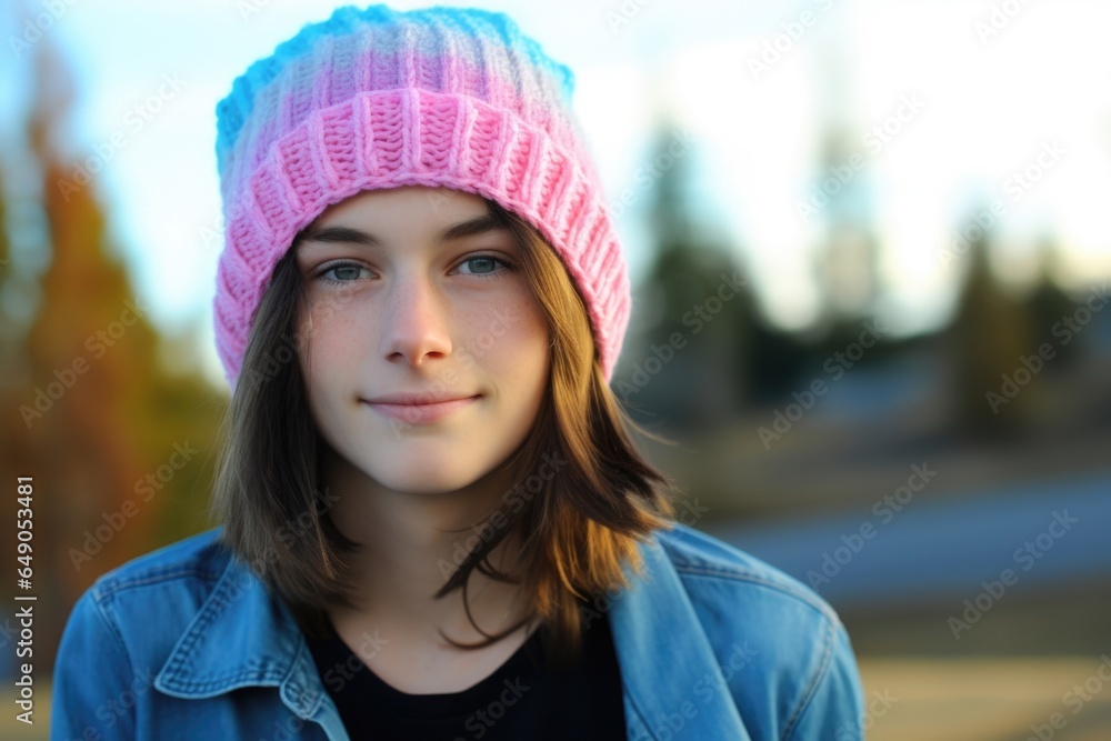 A transgender teen wearing a beanie with the pink, blue, and white ...