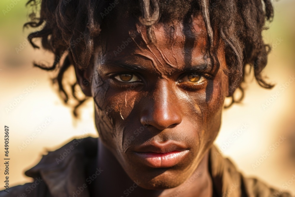 A young man, wornout yet unyielding, his eyes hold a determined gaze ...