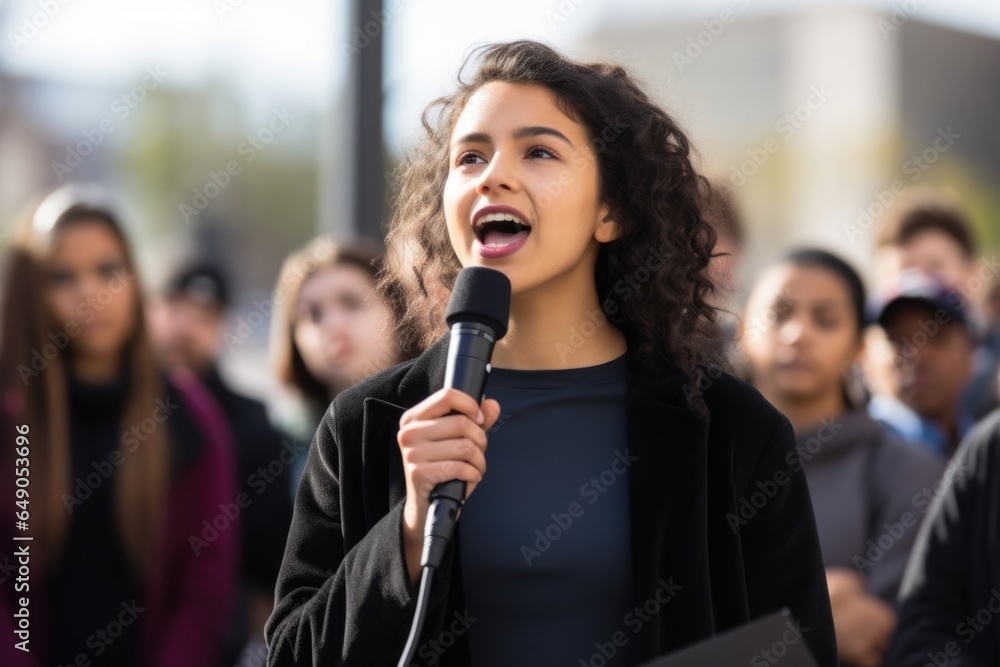 A young Latina with a fervor for justice stands speaking to a group of ...