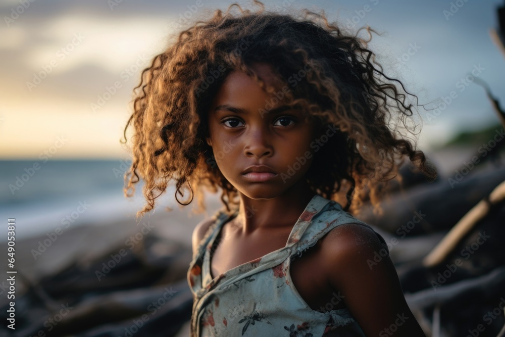 A young girl from a small island nation, her sparkling gaze troubled by ...