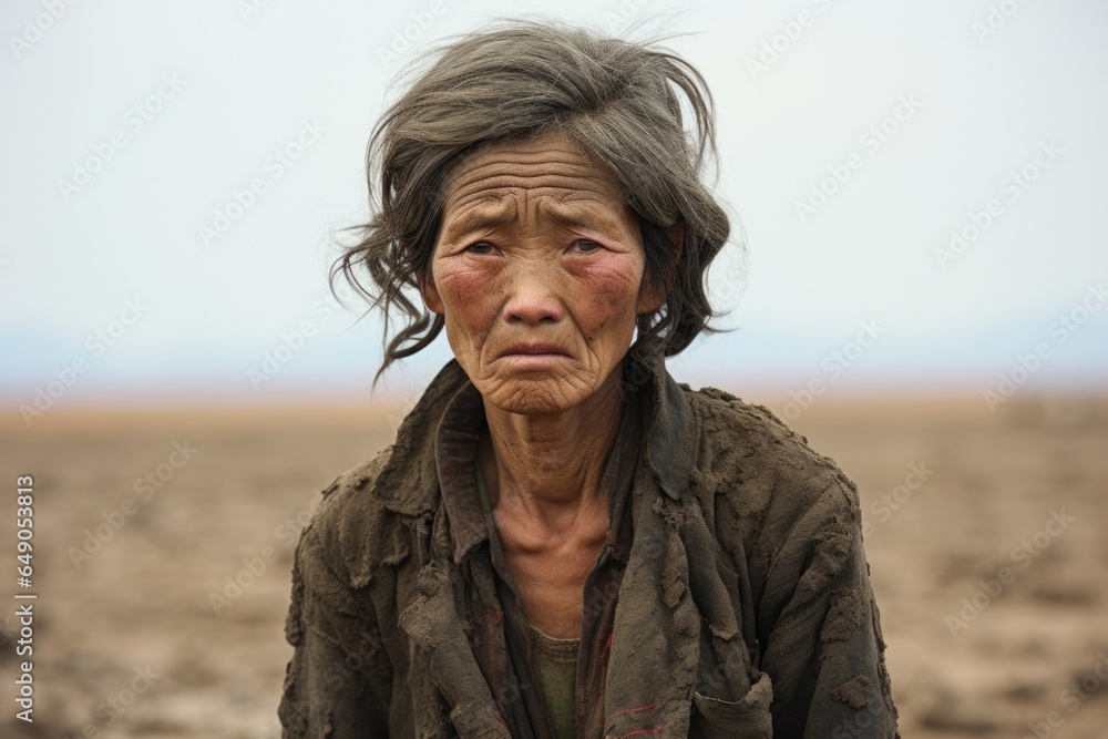 A Asian woman, her rosecheeked face contrasted by the dull backdrop of ...