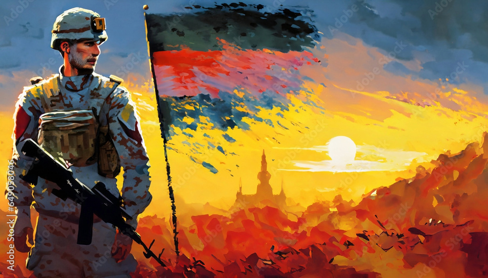 German soldier or military service member with the German national flag ...