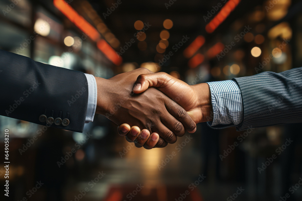 Business executives exchange handshakes, symbolizing a meeting of minds ...