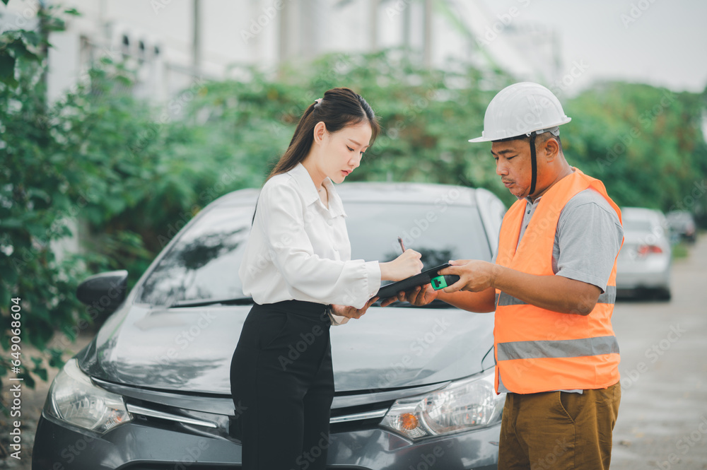 male insurance officer came to help inspect a customer's car that had ...