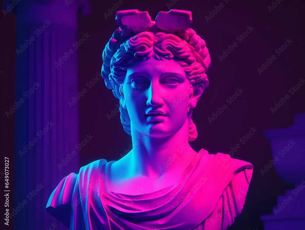 ancient Roman or Greek statues in a virtual cyberpunk metaverse in neon ...