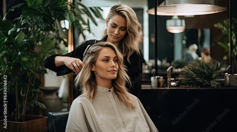 Beauty salon, female hairdresser doing hairstyle for young woman ...