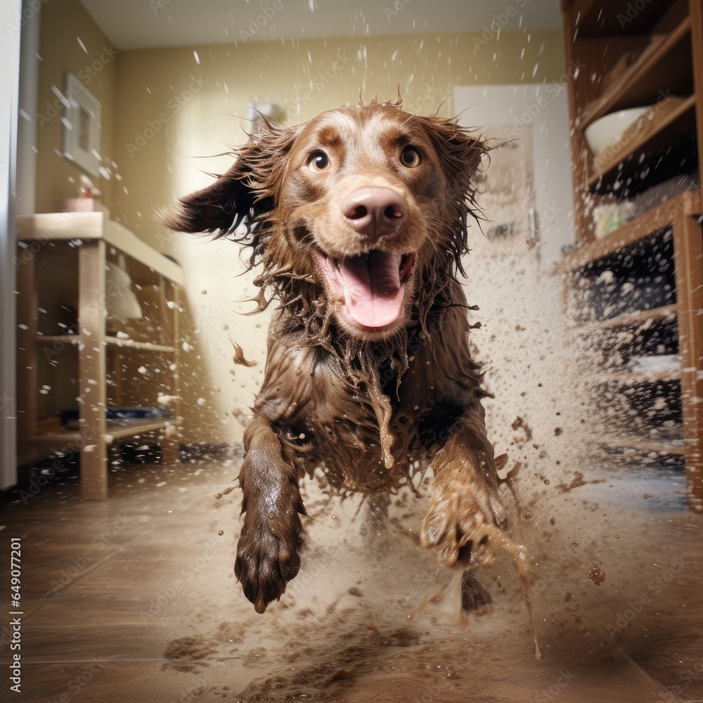A dog shaking off mud and water in a clean room, sending water and mud ...