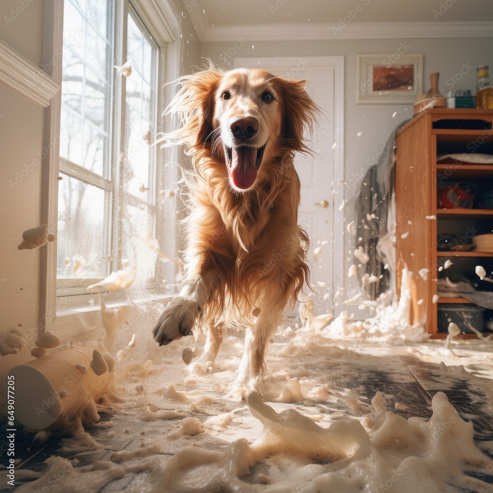 A dog shaking off mud and water in a clean room, sending water and mud ...