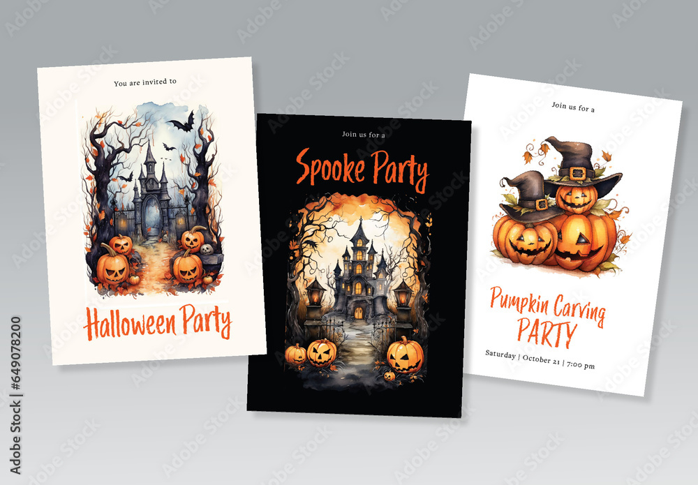 Halloween Cards Set with AI Genereted Illustrations Stock Template ...