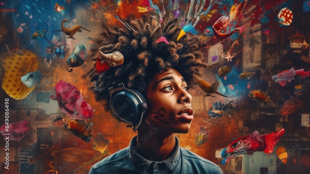 Overwhelming information data explode out of head of young human brain ...