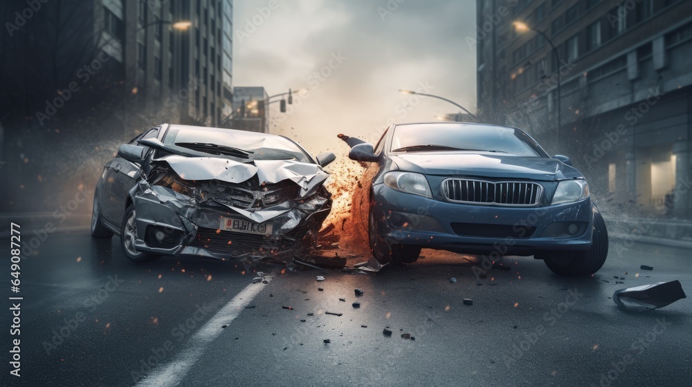 Drunk driving, car accident on the road, damaged car after the crash ...