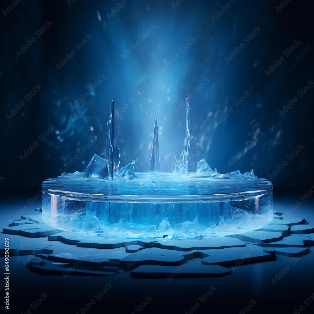 Ice cubes on blue background with cold vapor, 3d glass display stand ...
