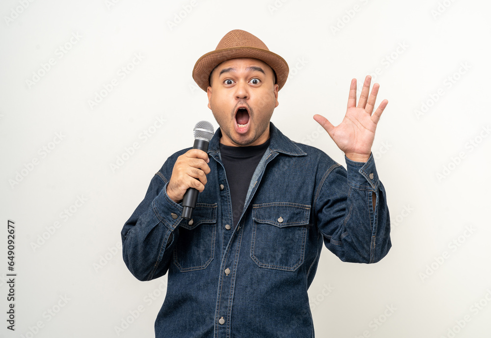 Shocked face young asian man singing song. Artist vocalist singer on ...