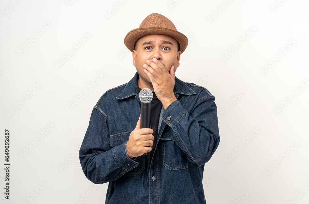 Shocked face young asian man singing song. Artist vocalist singer on ...