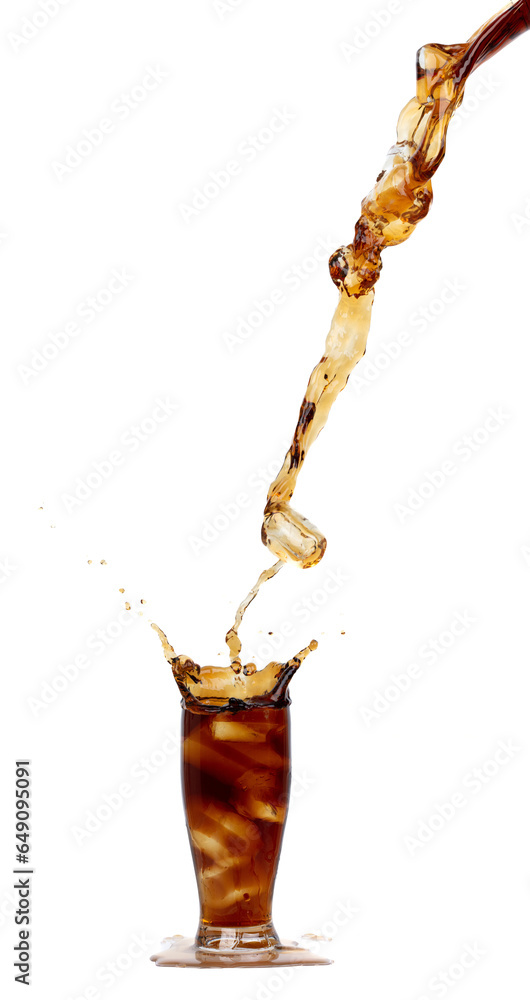 Ice Coffee Drink and Ice Tea tall glass splash up in Air. Cold brew ice ...