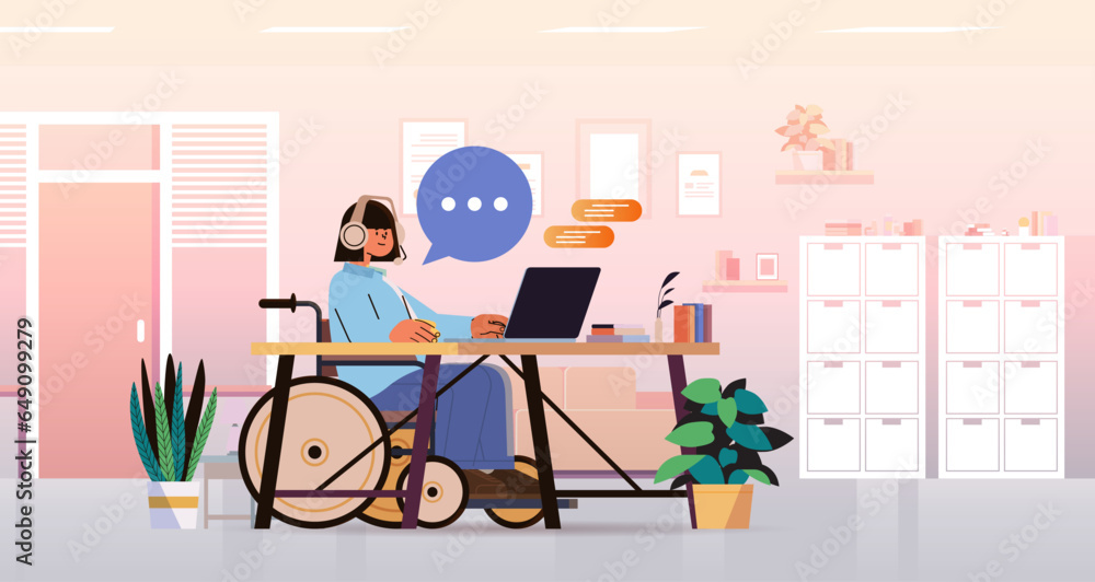 disabled woman operator with headset in wheelchair girl chatting with ...