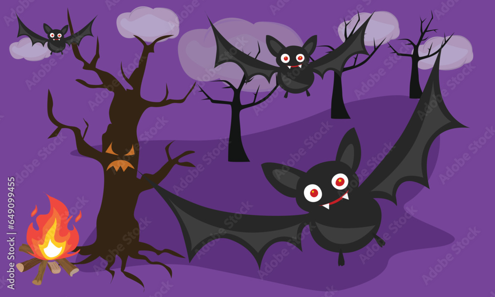Halloween background vector illustration with demon bat, spooky tree ...