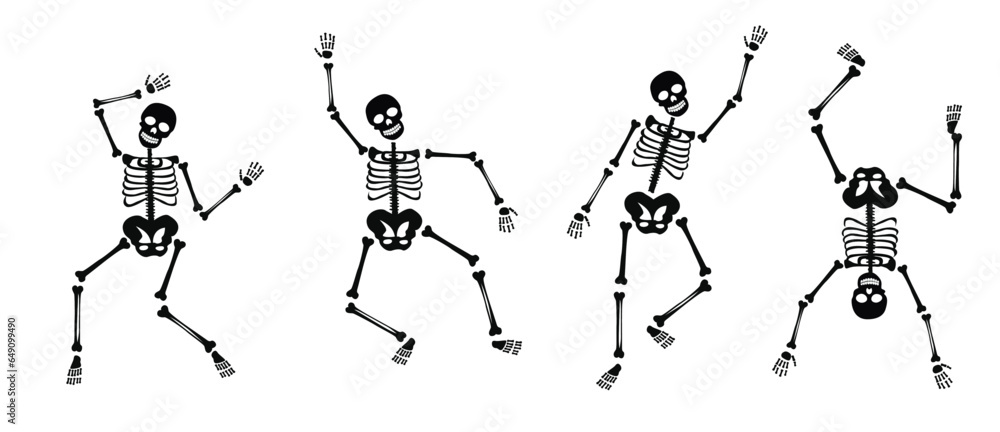 Dancing human skeletons vector set. Different skeleton poses set ...