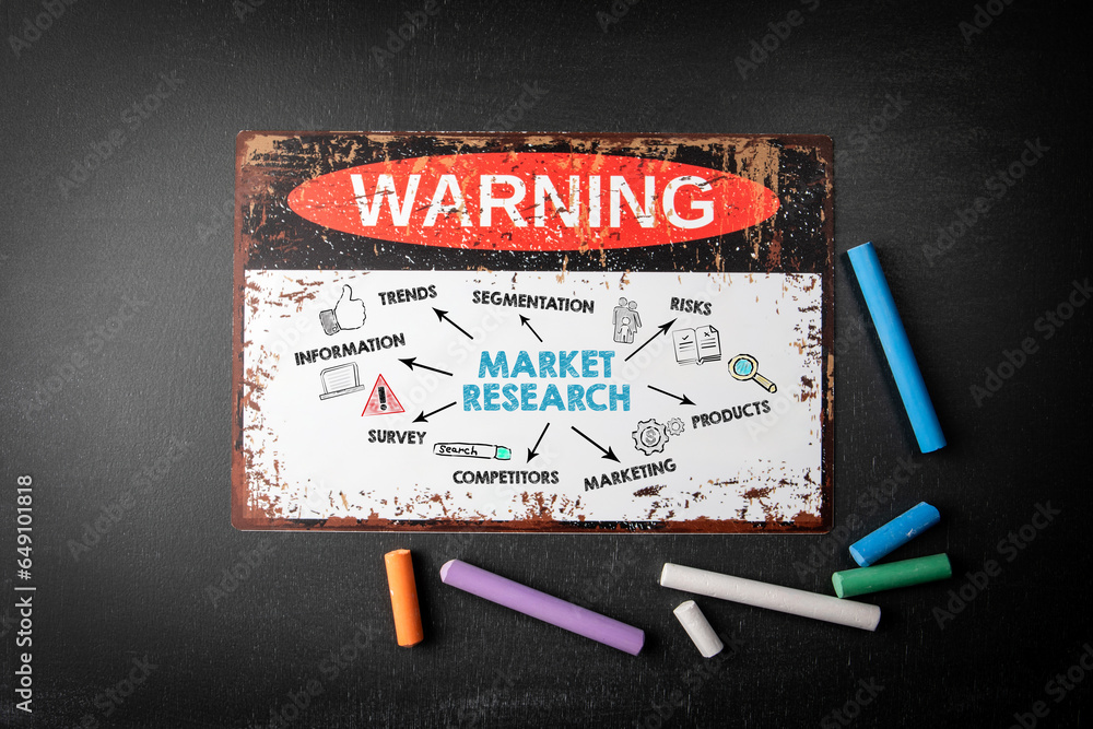 Market Research. Metal warning sign and colored pieces of chalk on a ...