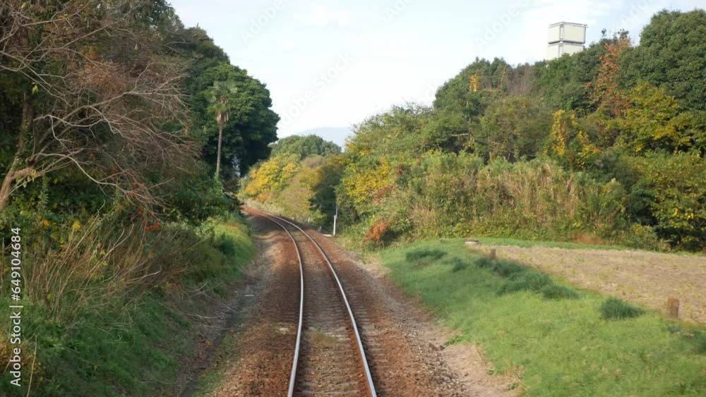 Train journey point of view from on the rear back view of train ...