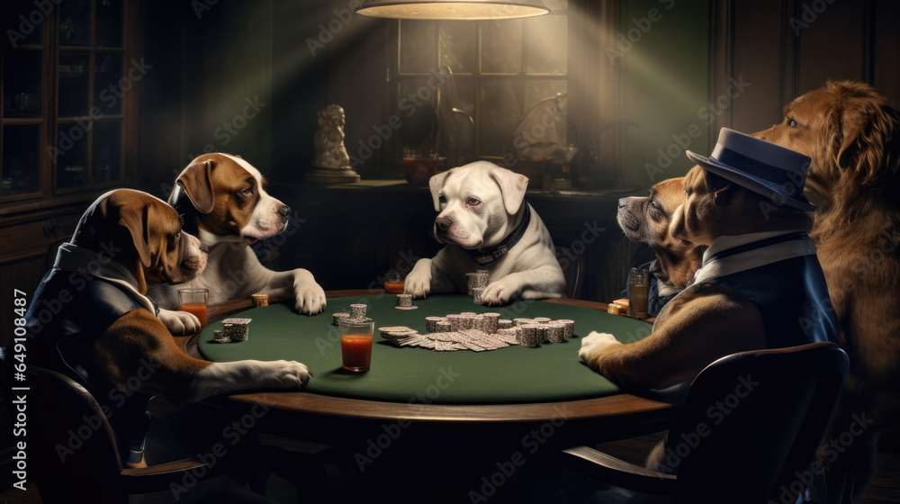 Humorous illiustration of dogs playing poker around a circular table ...