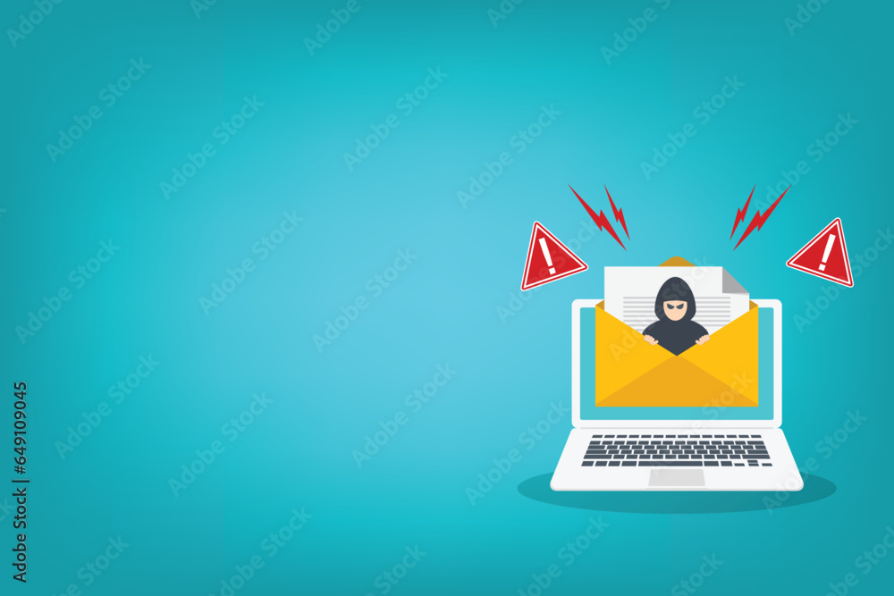 Vetor de Email data phishing. Cyber thief hide inside email on a laptop ...
