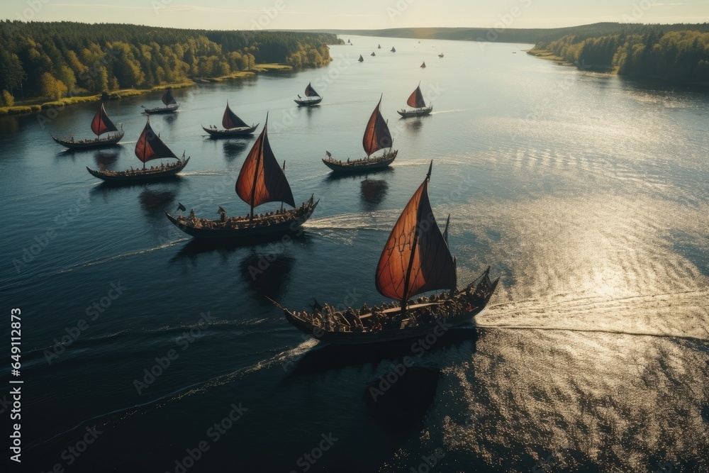 Sailing viking row ships on river. Drakkar, longships. Scandinavian ...
