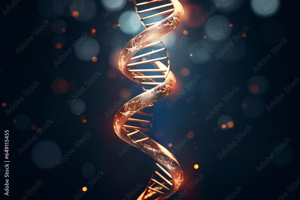 a DNA double helix seemingly floating in a dark room, with thin beams ...