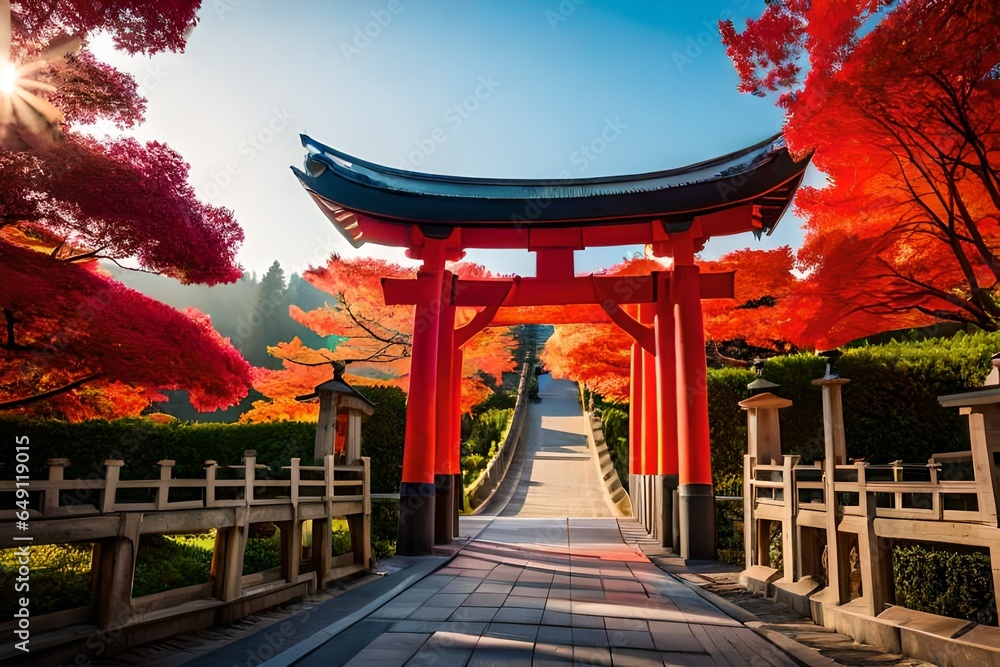 japanese temple, A Traditional Japanese Torii Bathed in Autumn's Fiery ...