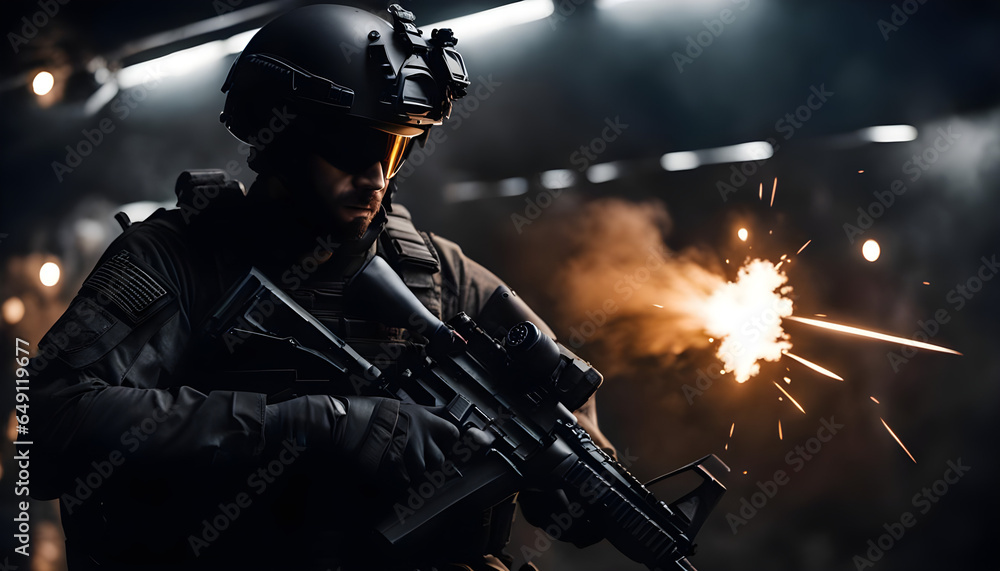 Army soldier in Combat Uniforms with assault rifle, soldier shooting ...