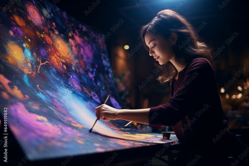 Female Artist Works on Abstract Oil Painting, Moving Paint Brush ...