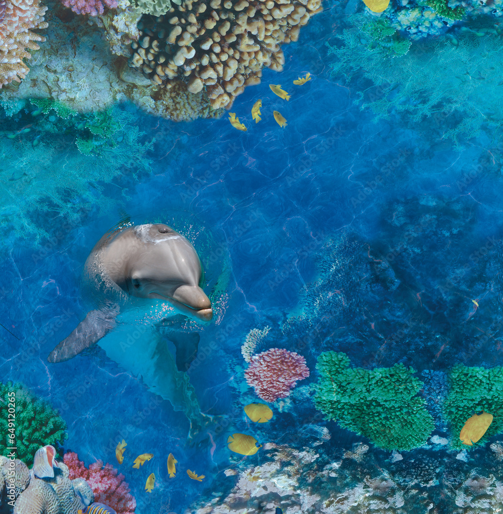 Underwater world dolphins top view sea corals fish red sea blue Stock ...