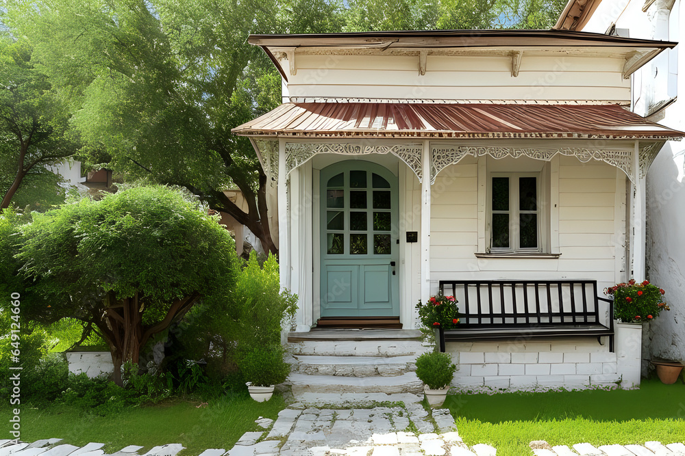 Small old house with terrace entrance decorated with antique benches ...