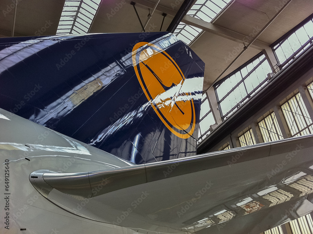 Close up detail view of tail fin on Lufthansa Boeing B747-8 ...