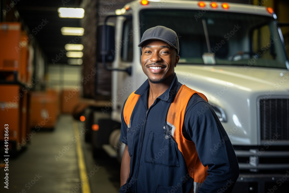 Delivery, container and happy truck driver moving industry cargo and ...