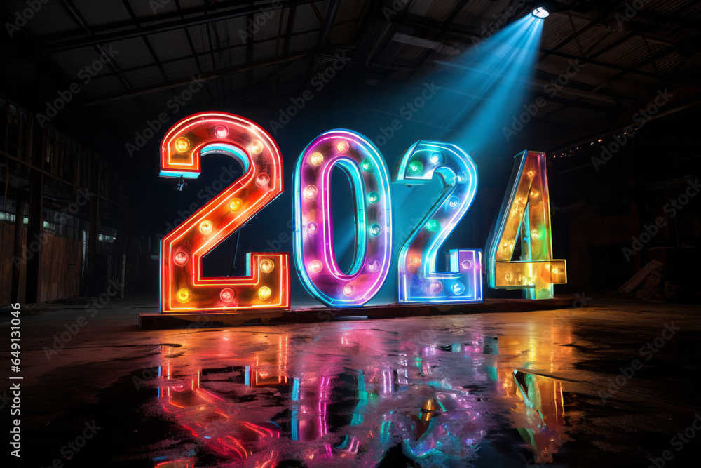 Number 2024, a flickering red neon sign illuminates a vibrant blue wall ...