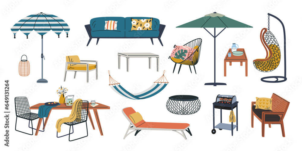 Cartoon garden furniture. Backyard relax objects. Territory landscaping ...