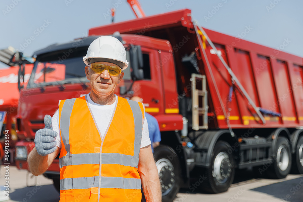 Portrait of driver truck standing background industry lorry. Concept ...